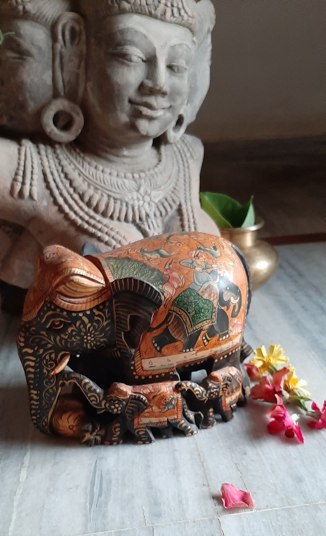 Wooden Elephant Statue/hand Painted Elephant Family Statues/home and ...