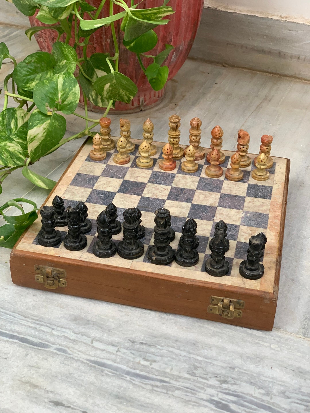 Vintage Wooden Chess Set: Handcrafted Granite Pieces, Stone Board - Etsy