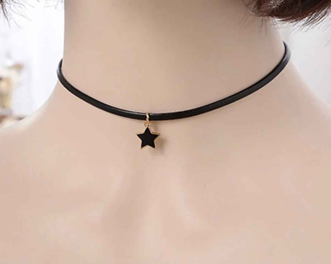 Thin Black Choker With Small White Star Pendant, Black Chokers, Gothic ...