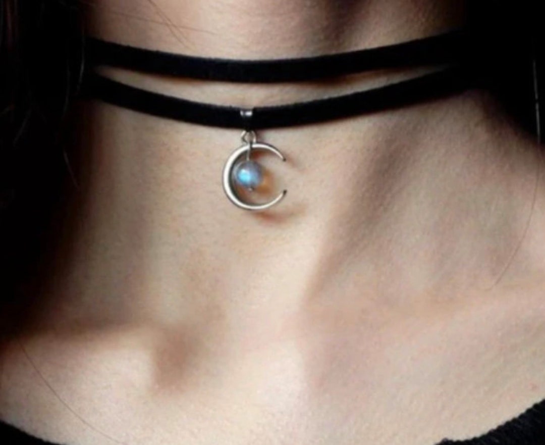 Thin Black Double Choker, Crescent Moon Chokers, Black Choker, Thin ...