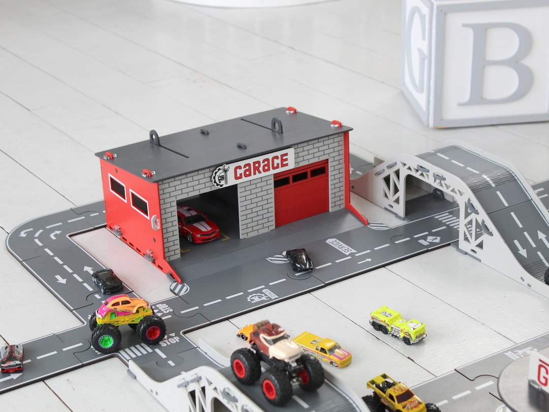 Interactive Wooden Toy Car Road Puzzle Set With Garages and Bridges - Etsy