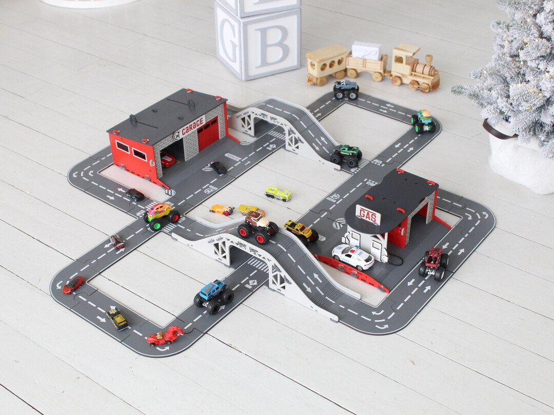 Wooden Toy Car Puzzle – Modular Road Tracks Playset With Garages - Etsy
