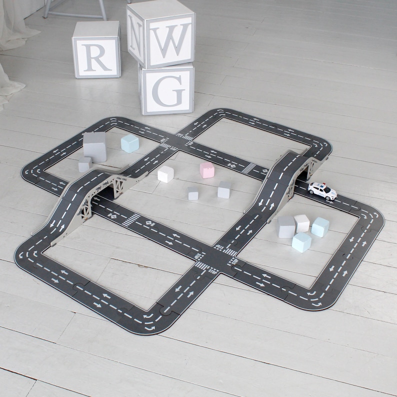 Wooden Toy Car Track Set With Bridge: Fun Toy Road Puzzle - Etsy Canada