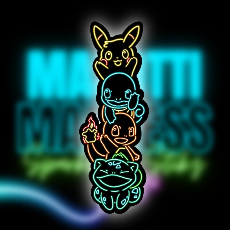 Neon Pokémon Starter Sticker | Stacked Pikachu, Squirtle, Charmander ...
