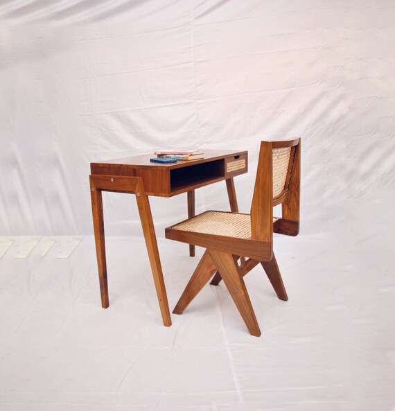 Solid Teak Writing Table With Cane Fromt and Open Shelve - Etsy