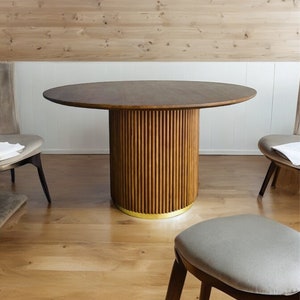 Mid Century Round Dining Table With Fluted Base, Brass Lining ...