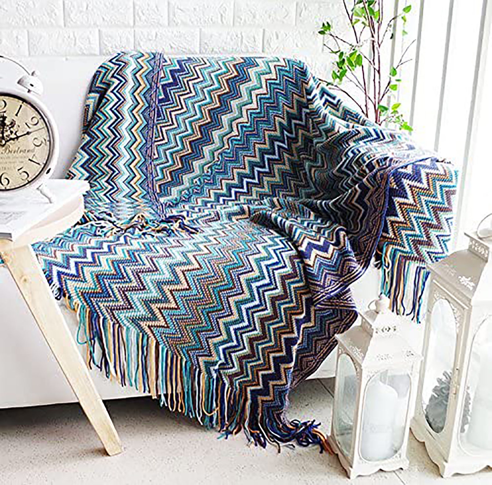 Blue Bohemian Style Sofa Throw With Tassels Throw Blanket | Etsy