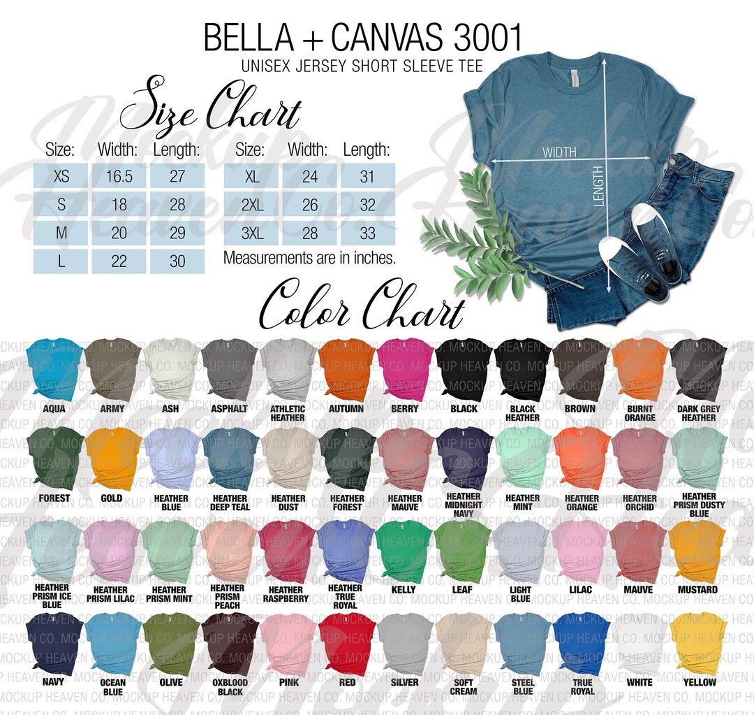 Bella Canvas 3001 Size Chart & Printful Color Chart (JPEG) - Etsy