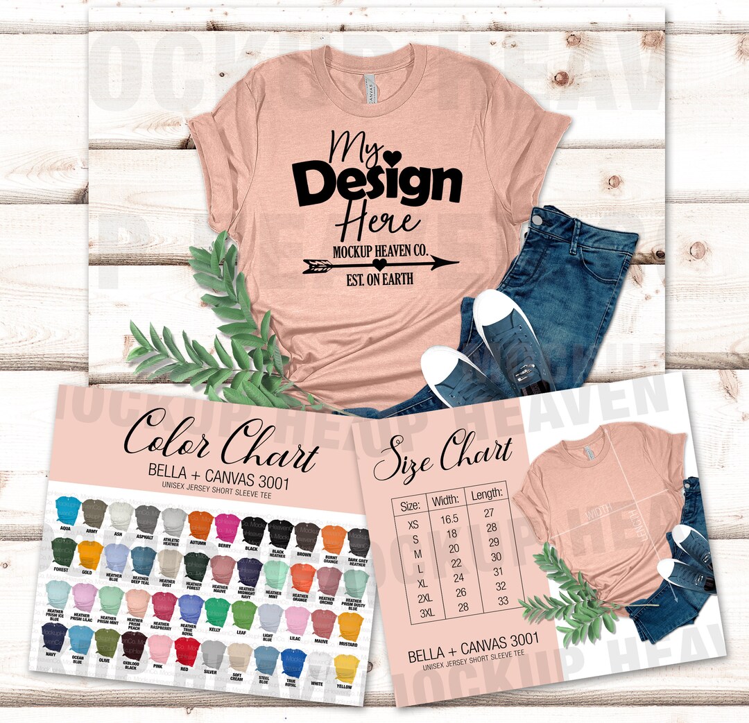 Bella Canvas 3001 Mockup Size Chart Color Chart Heather Prism Peach ...