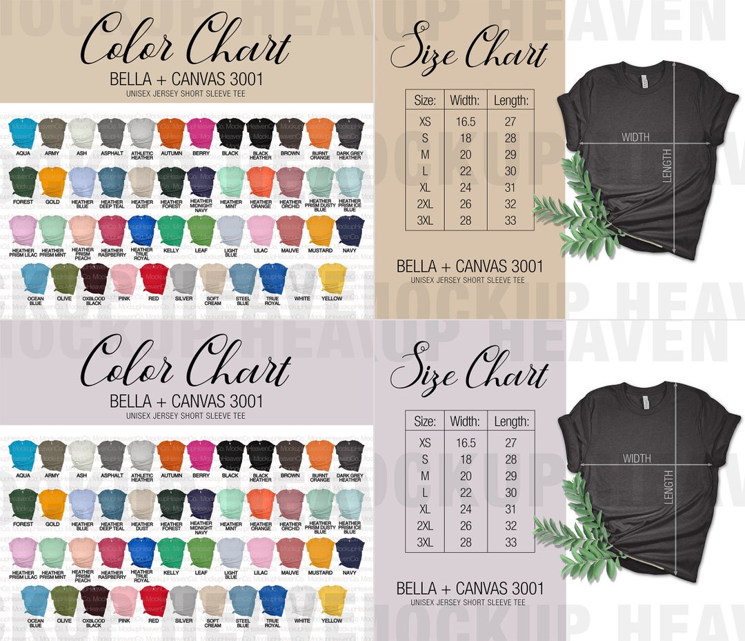 Bella Canvas 3001 Color Chart & Size Chart Bundle (printful Colors ...