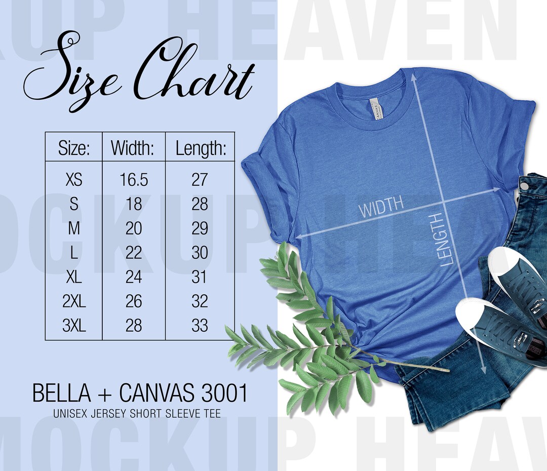 Bella Canvas 3001 Heather True Royal T-shirt Mockup: Size Chart ...