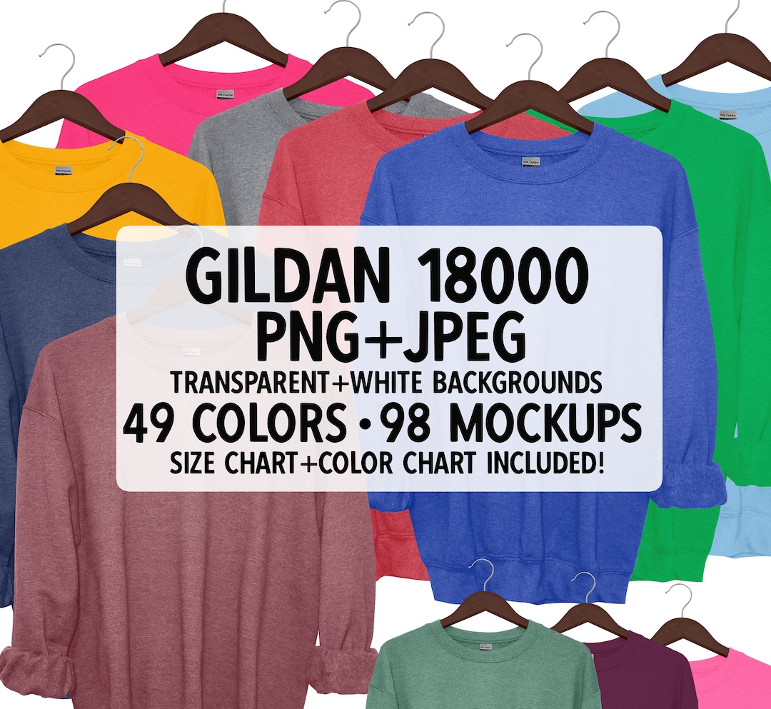 Gildan 18000 Mockup Bundle: Unisex Sweatshirt, Color & Size Charts (PNG ...