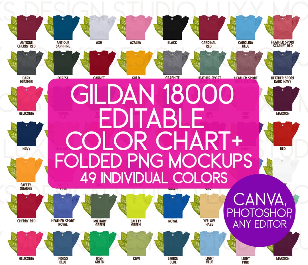 Gildan 18000 G180 Editable Color Chart Swatches PNG Mockup Bundle With ...