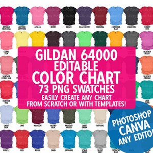 Gildan 64000 Color Chart: 73 PNG Swatches (editable DIY Templates ...