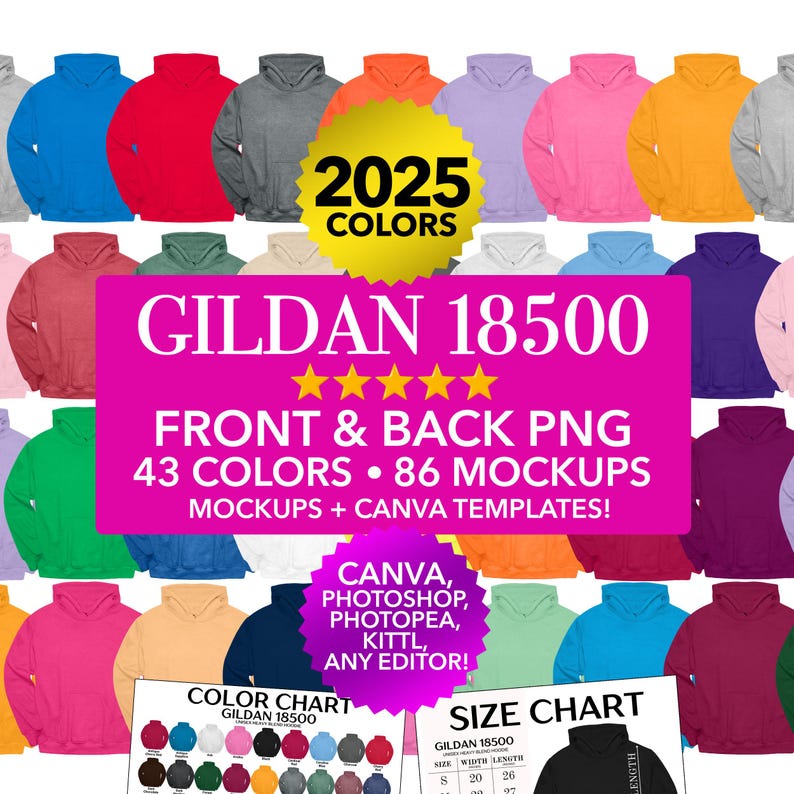 Gildan 18500 Hoodie Mockup Bundle: PNG, Canva Template Color & Size ...