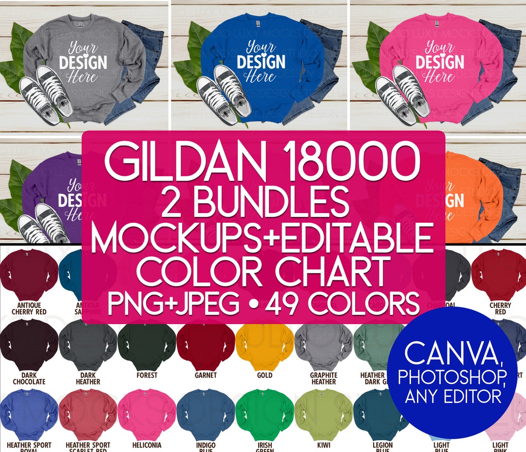 2 Bundles Gildan 18000 G180 Mockup Bundle PNG Transparent Editable ...