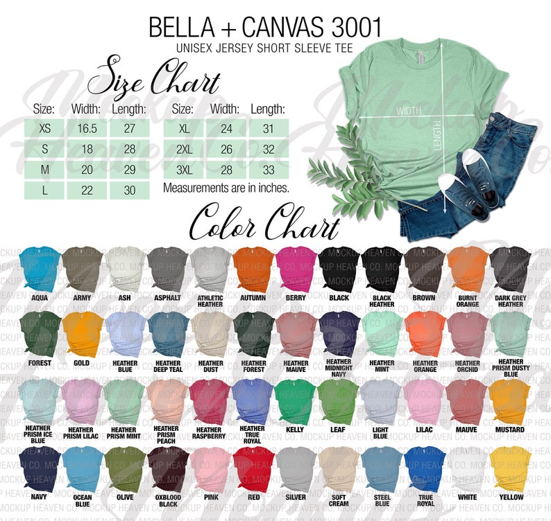 Bella Canvas 3001 Size Chart Color Chart Printful Colors | Etsy
