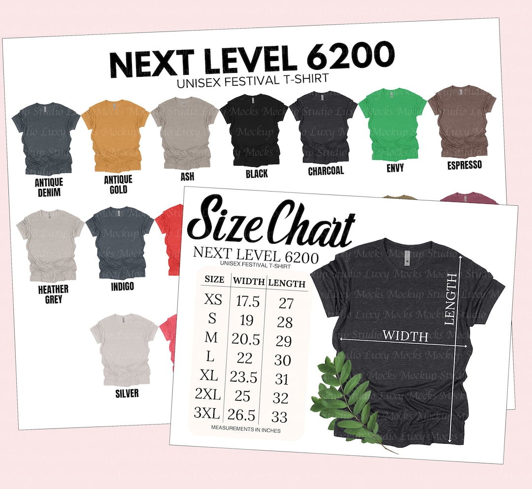 Next Level 6200 Color Chart + Size Chart Bundle | Next Level Men Women ...