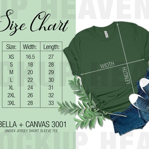 Bella Canvas 3001 Mockup + Size Chart + Color Chart Forest Green Color ...