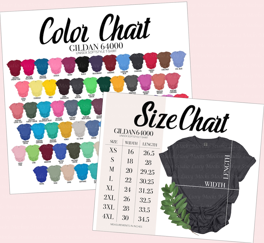 Gildan 64000 Softstyle T-shirt Color Chart & Size Chart (digital ...