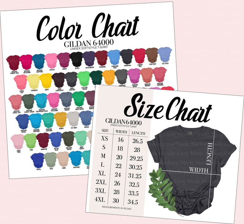 Color Chart Size Chart Gildan 64000 G640 Softstyle T Shirt Etsy