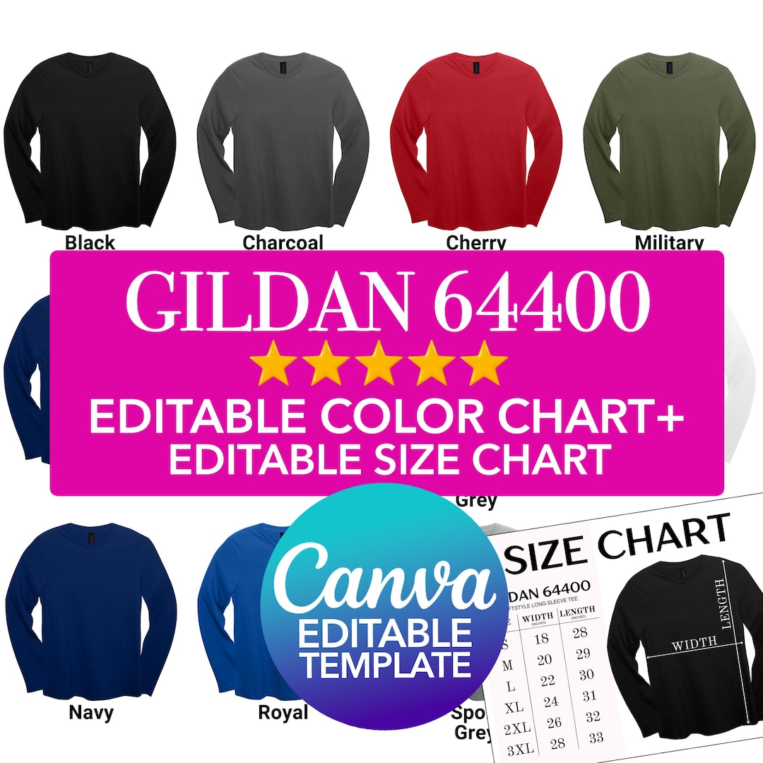 Gildan 64400 Long Sleeve T-shirt Color Chart + Size Chart Canva ...