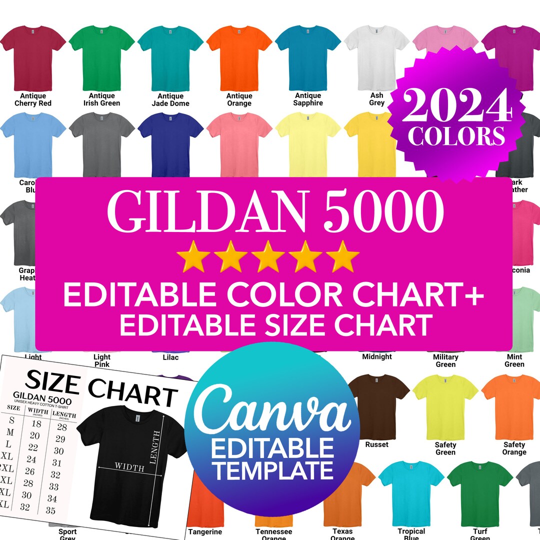Gildan 5000 Canva Template Editable Color Chart Editable Size Chart Gildan T-shirt PNG Canva ...