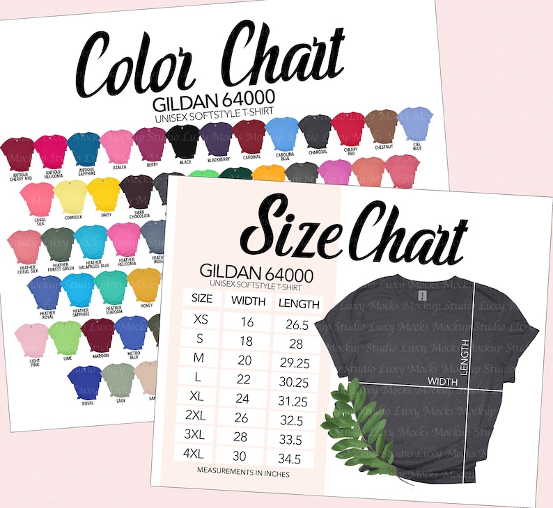 Gildan 64000 G640 Color Chart and Size Chart Bundle JPEG - Etsy