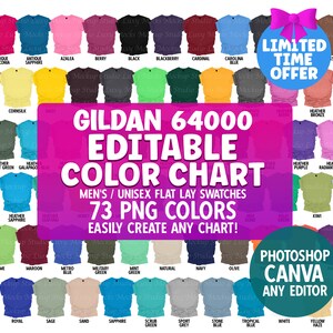 DIY Editable Color Chart Gildan 64000 Softstyle G640 73 Colors as ...
