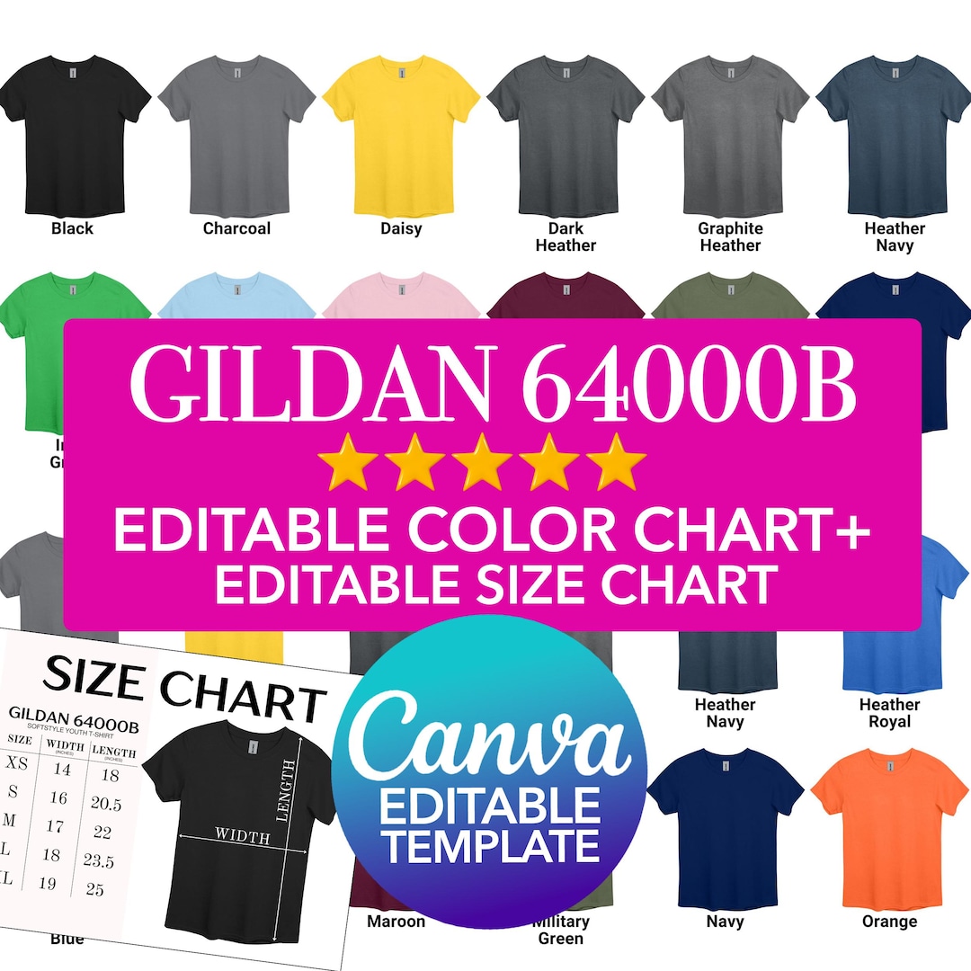 Gildan 64000B Youth T-shirt Color & Size Chart Canva Template - Etsy