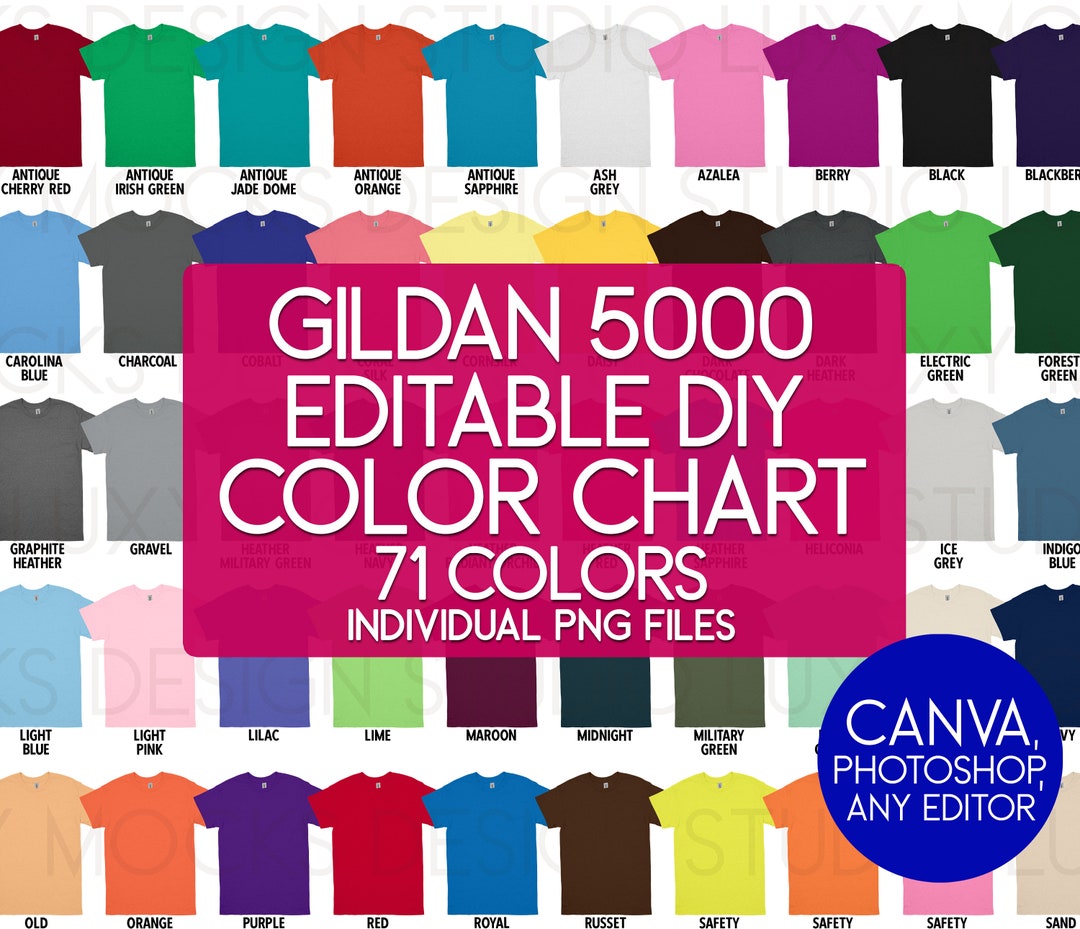 Gildan 5000 Color Chart: Editable DIY PNG Swatches + Size Chart ...