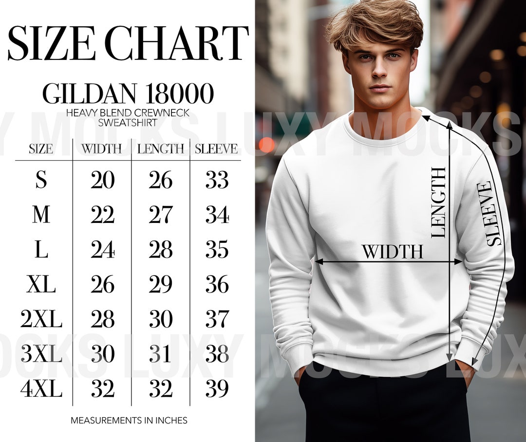 Gildan 18000 G180 Men's Size Chart for Print on Demand | Digital Size ...