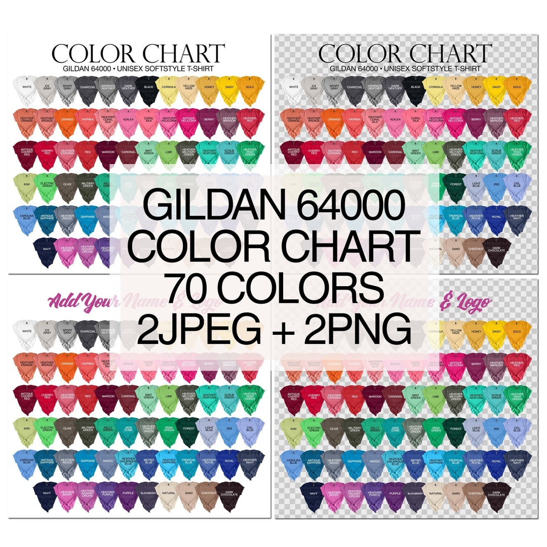 Gildan 64000 Color Chart: 70 Colors Softstyle T-shirt Mockups (JPEG ...