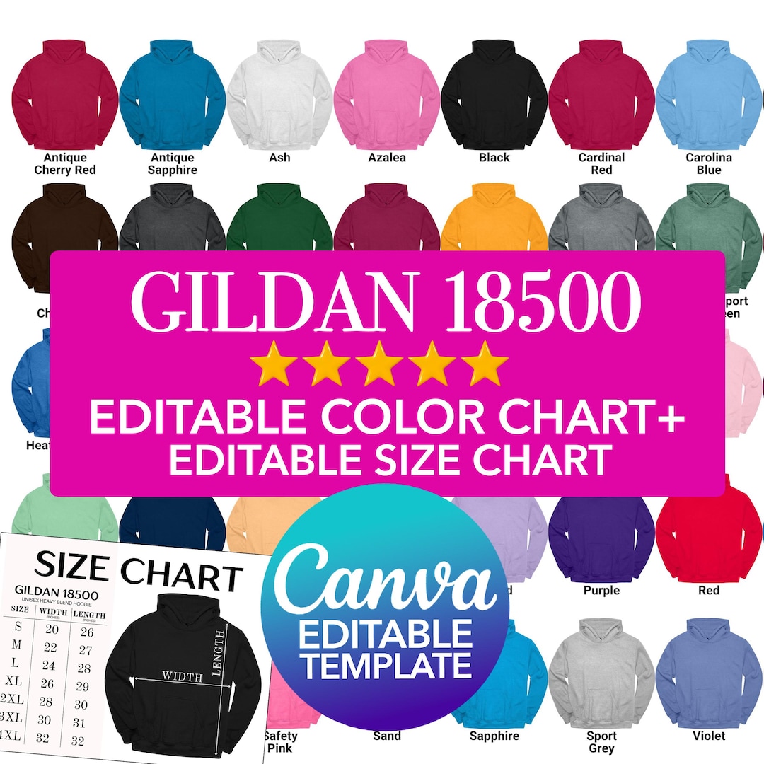 Gildan 18500 Hoodie Color Chart + Size Chart Canva Template - Etsy