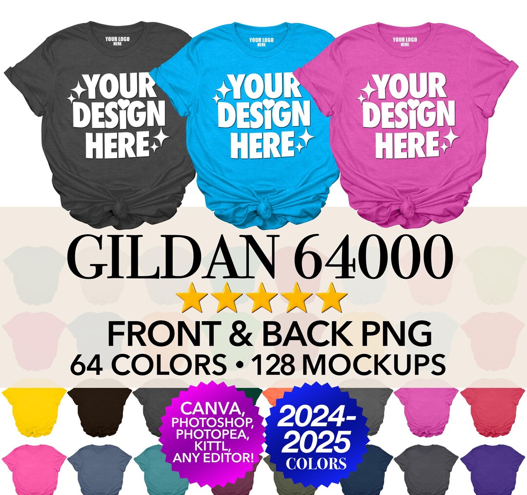 Gildan 64000 PNG Tagless Front and Back Mockup Bundle Women's T-shirt ...
