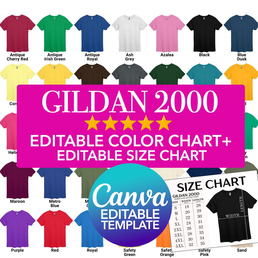 Gildan 2000 Color Chart & Size Chart: Canva Template (PNG Mockup) - Etsy