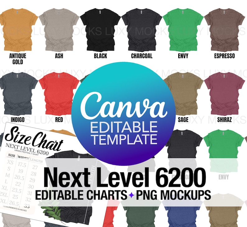 Next Level 6200 Color Chart + Size Chart + PNG Mockup (canva Editable ...