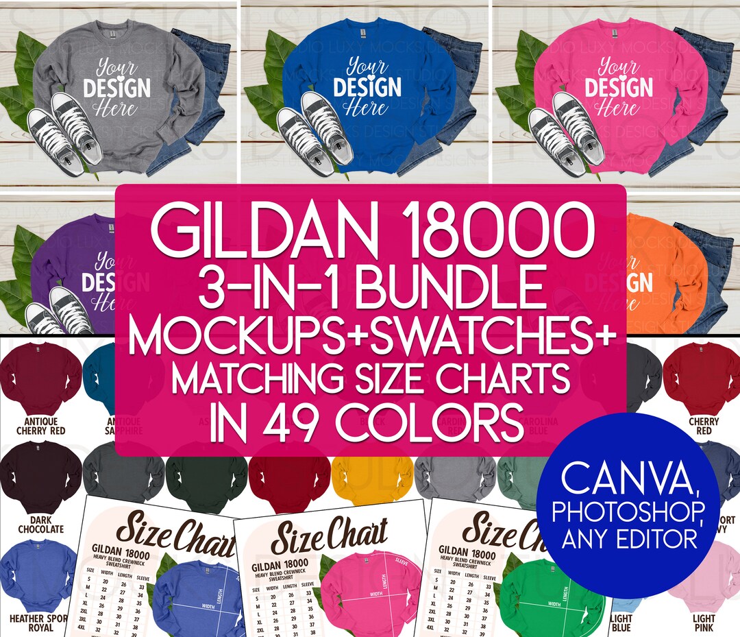 3 Bundles Gildan 18000 G180 Mockup Bundle, Editable Color Chart ...