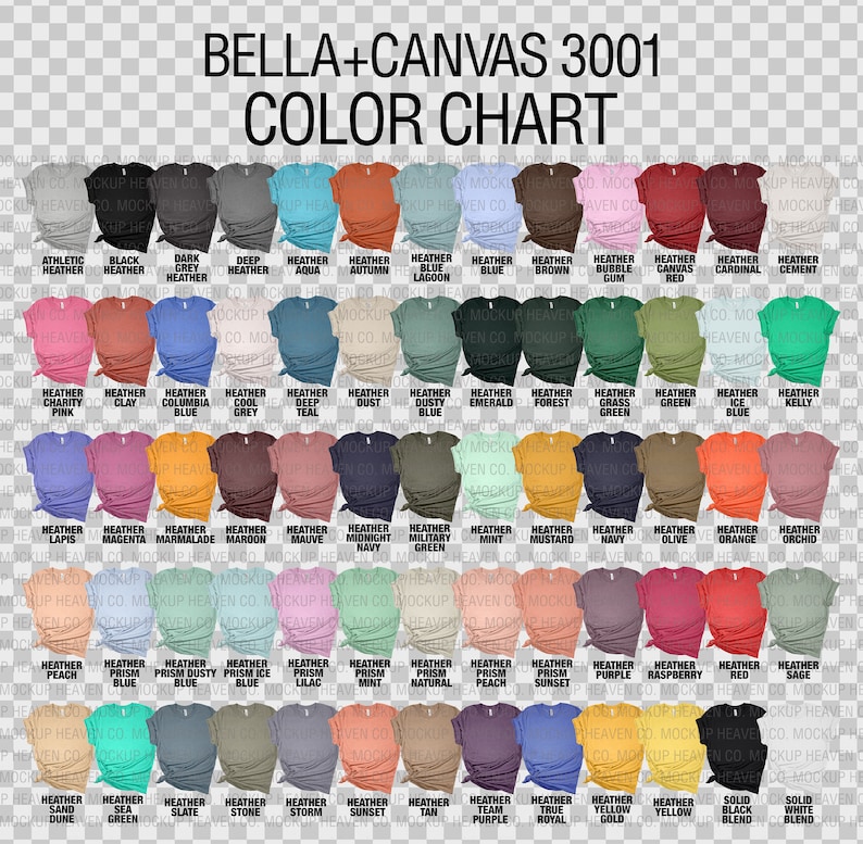 Bella Canvas 3001 Color Chart Mockup: 130 Colors (JPEG & PNG) - Etsy
