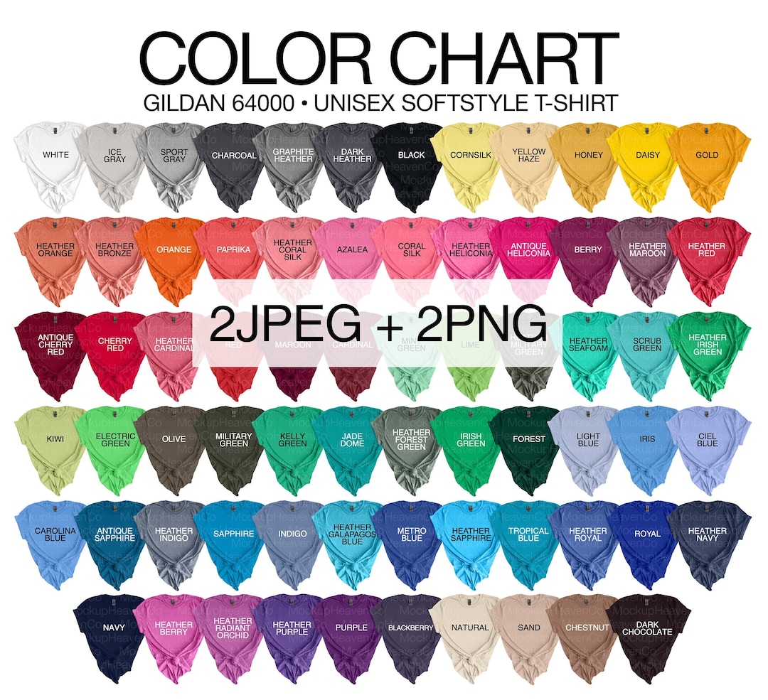 Gildan 64000 Color Chart 70 Colors 2 JPEG + 2 PNG Softstyle T-shirt ...