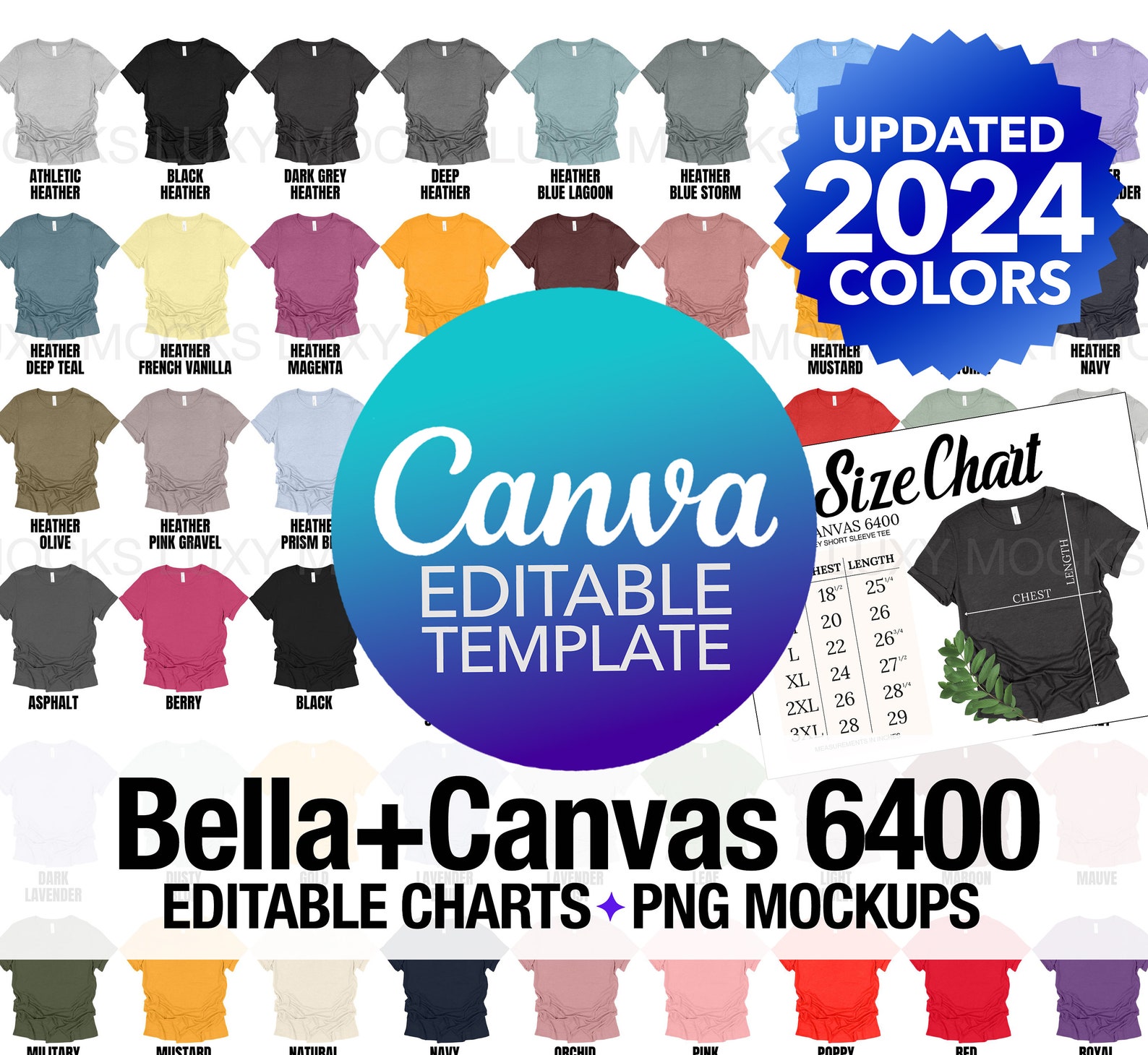 Bella Canvas 6400 Editable Color Chart Size Chart PNG Transparent ...