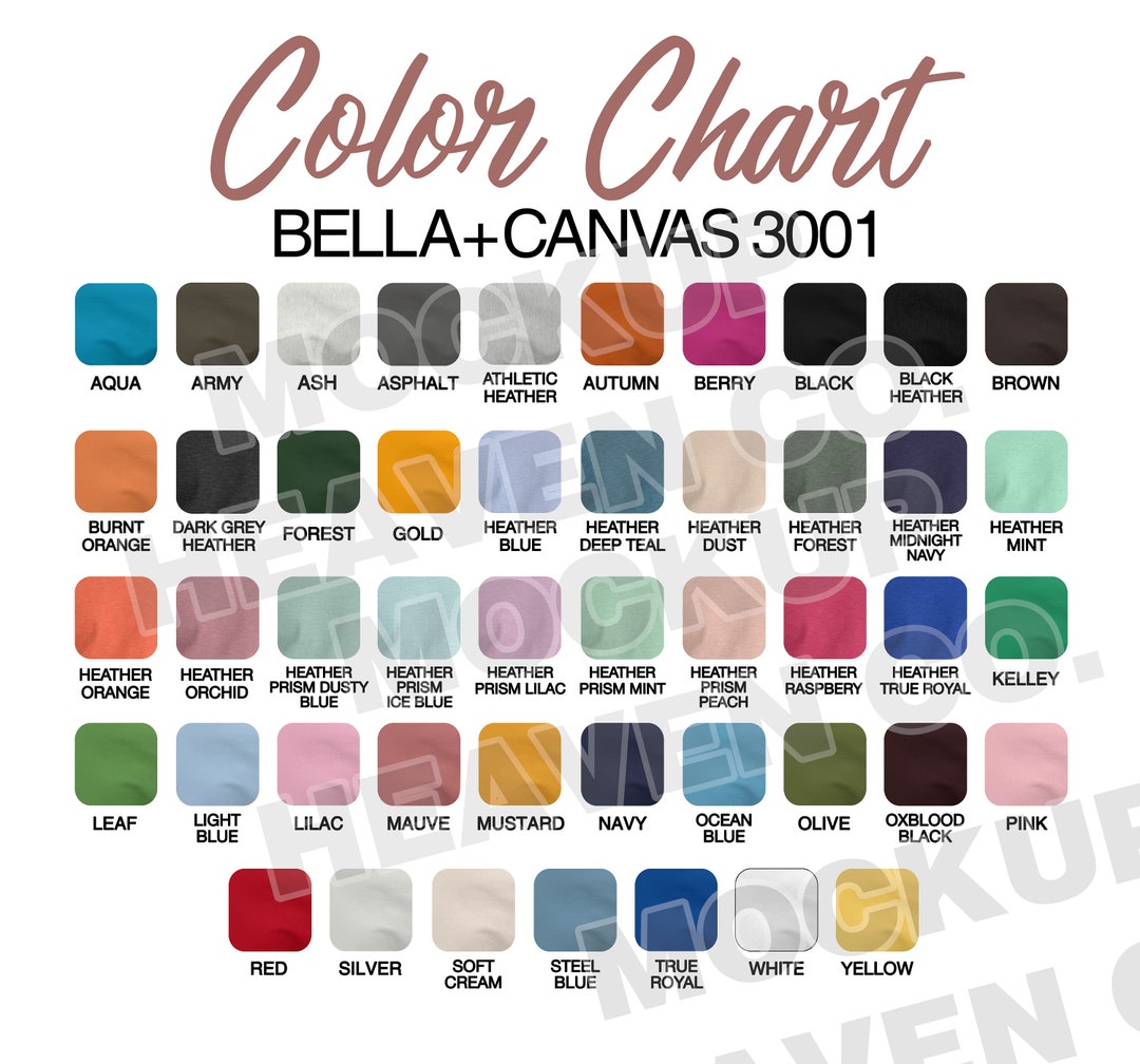 Printful Color Chart for Bella Canvas 3001 Unisex T-shirt Color Chart ...