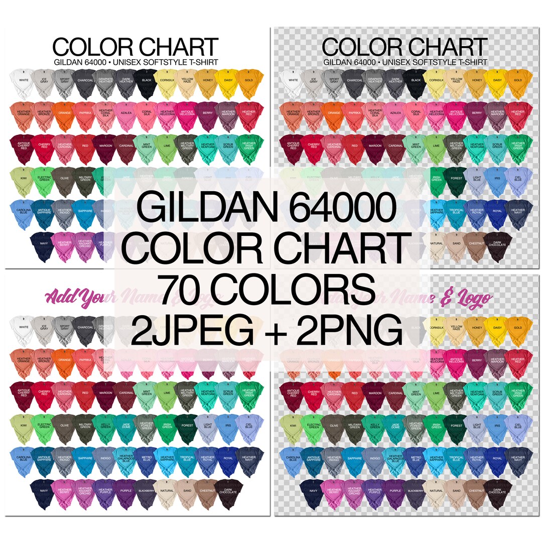 Gildan 64000 Color Chart: 70 Colors Softstyle T-shirt Mockups (JPEG ...