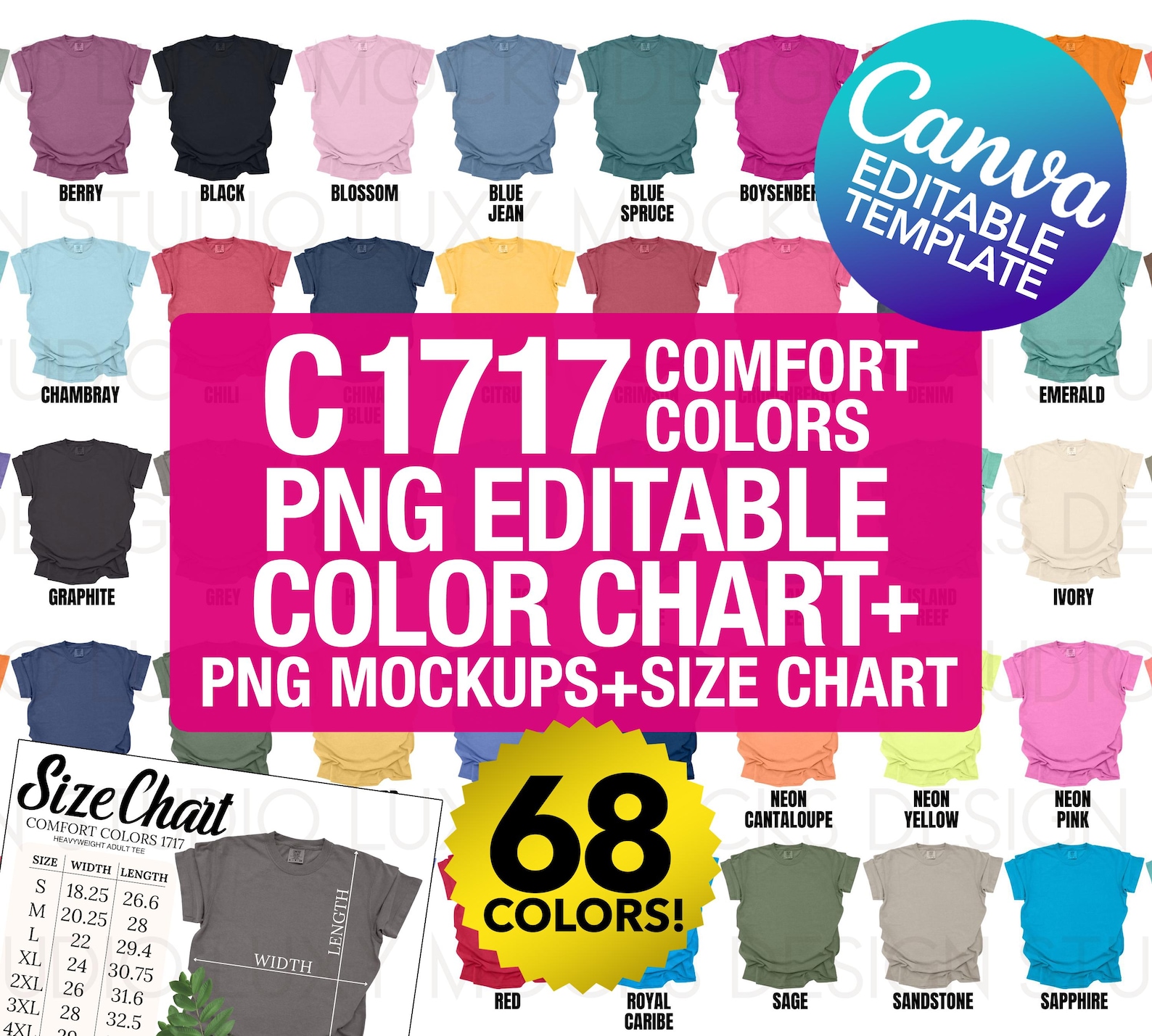 Comfort Colors C1717 Color Chart Canva Template + PNG Mockup Bundle - Etsy