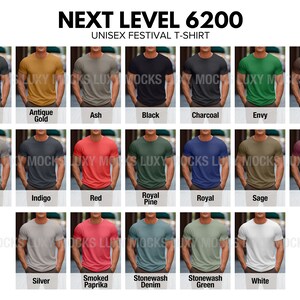 Next Level 6200 Men's T-shirt Color Chart and Size Chart Bundle | 2 ...