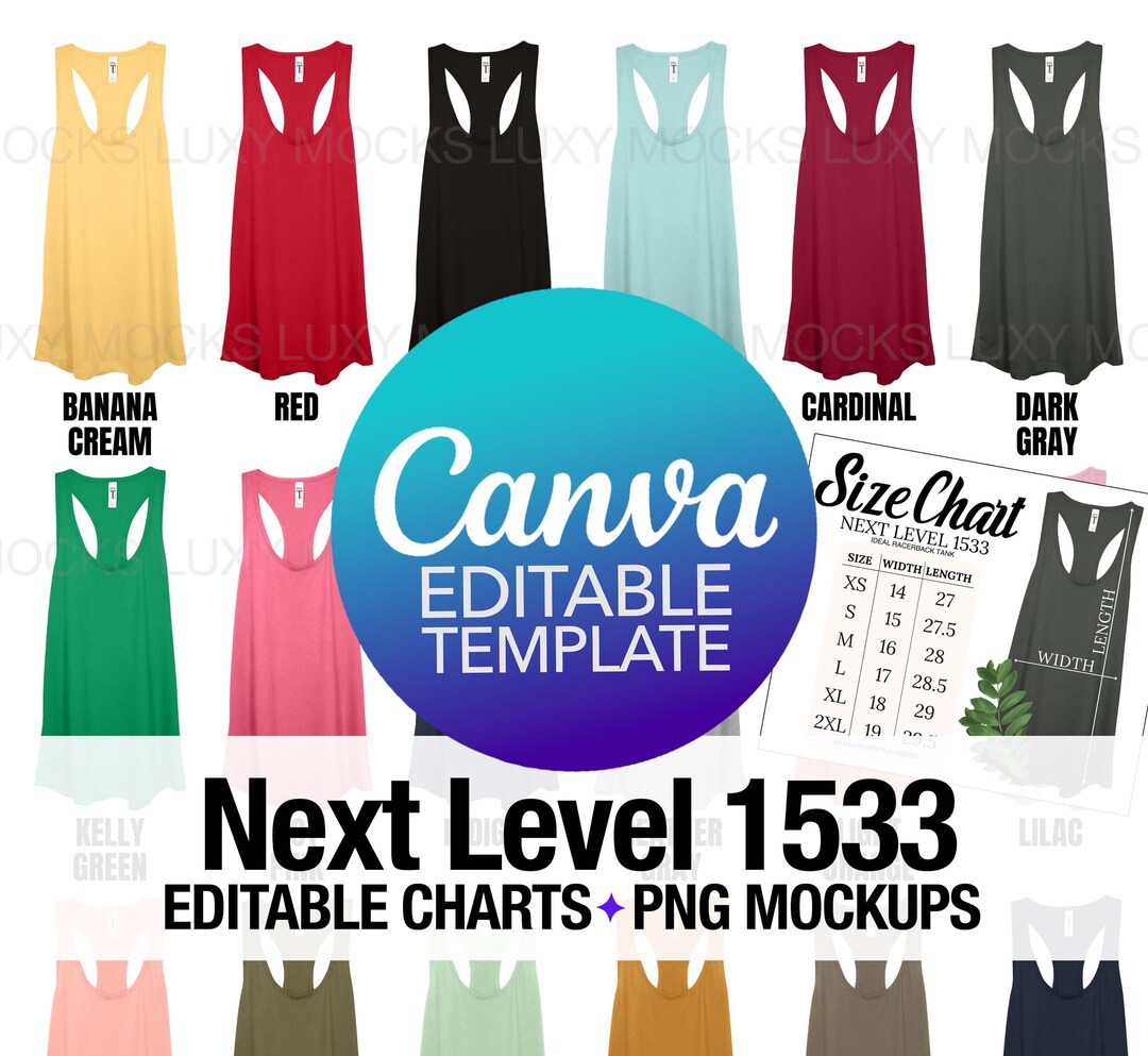Next Level 1533 Tank Color Chart + Size Chart Canva Template (PNG ...