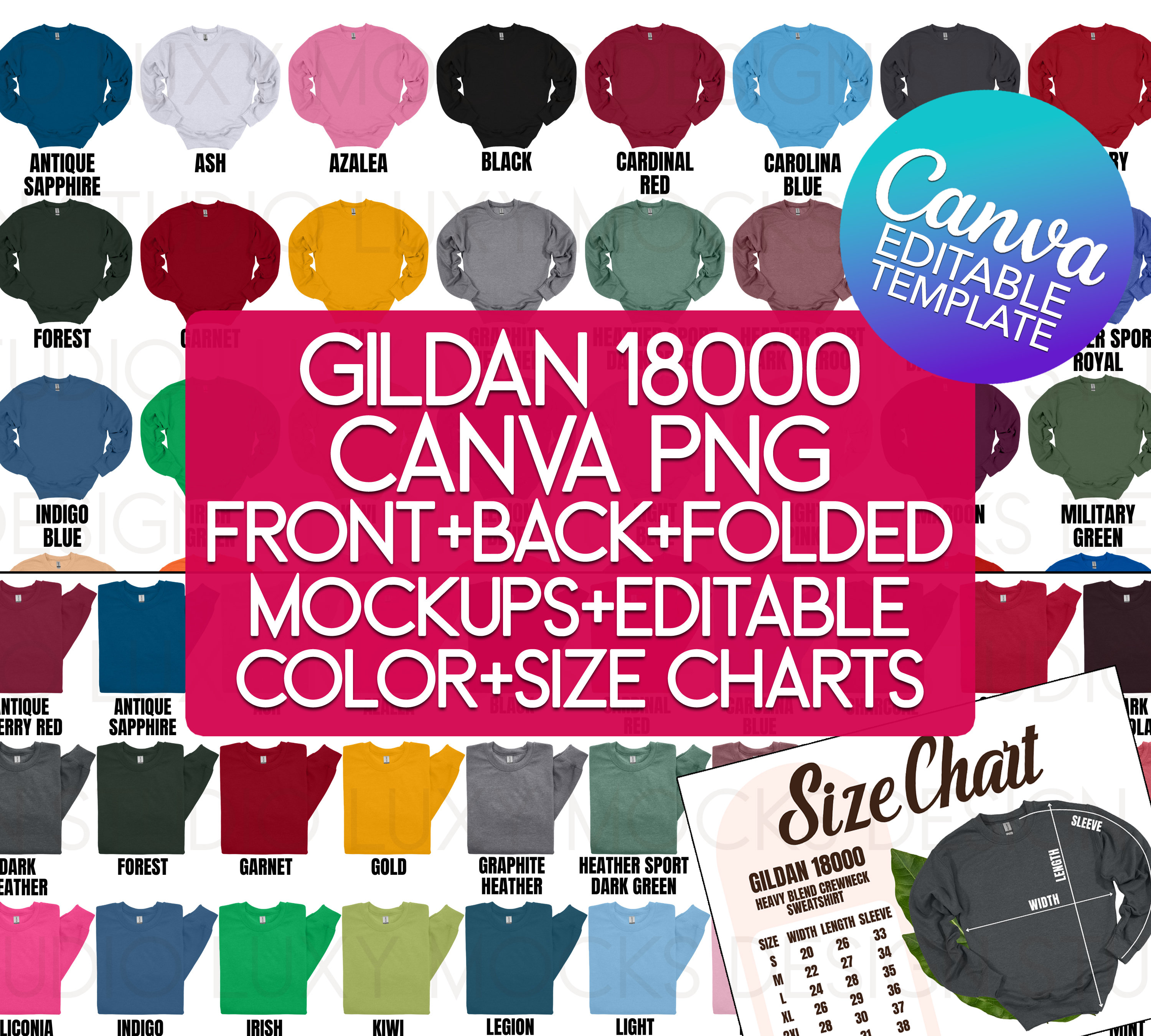 Gildan 18000 Mockup Bundle: Canva Template With Color & Size Charts - Etsy