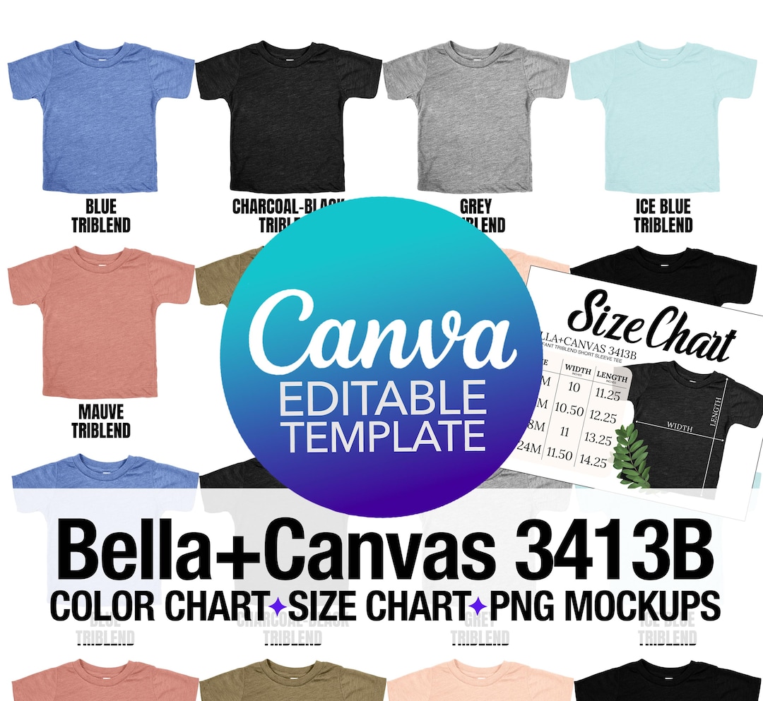 Bella Canvas 3413B Editable Color Chart + Editable Size Chart + PNG ...
