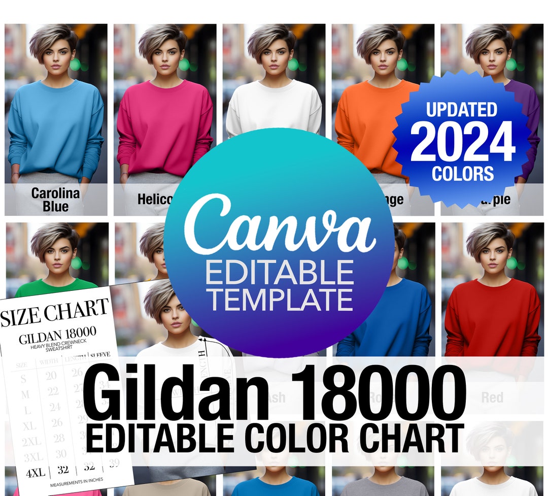 Gildan 18000 G180 Women's Editable Color Chart Canva Editable Template ...