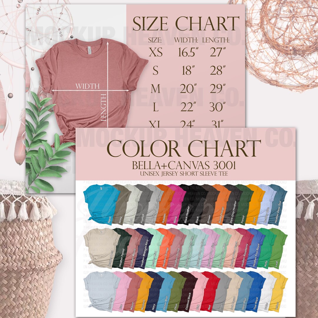 Bella Canvas 3001 Size Chart + Matching Color Chart All Printful Colors ...